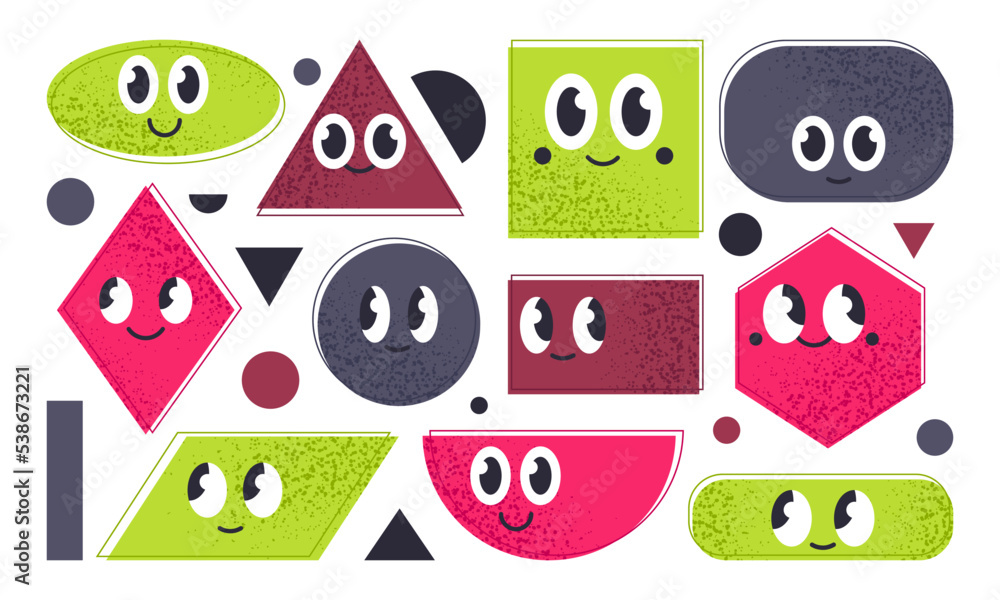 Vector de Stock Geometric shapes funny characters with face emotions. Basic hand drawn shapes ...