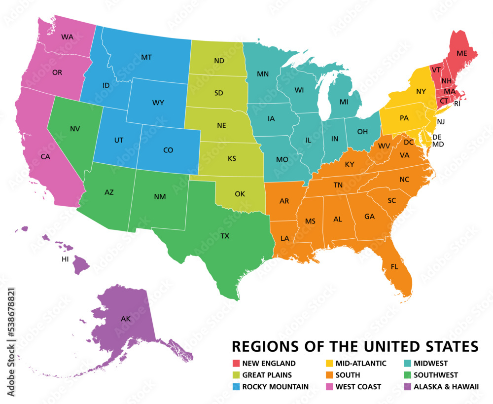Regions of the United States of America, political map. The nine ...
