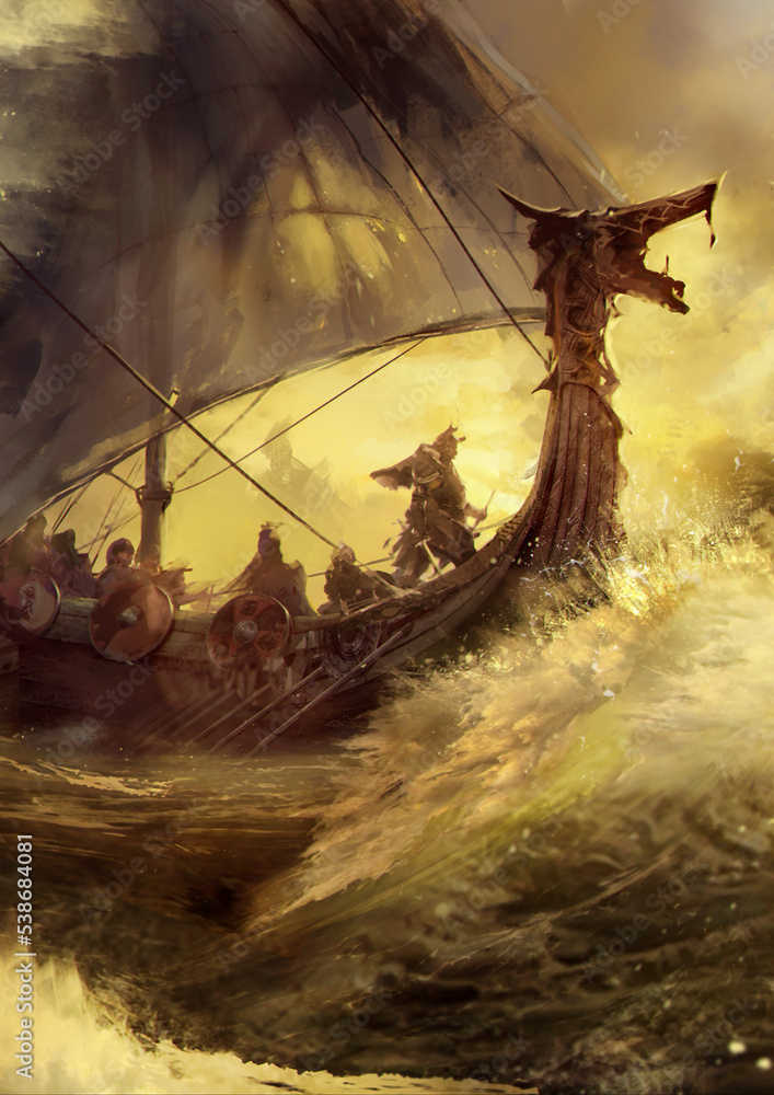 Epic Viking dragon boats sail through the raging sea in bright sunlight ...