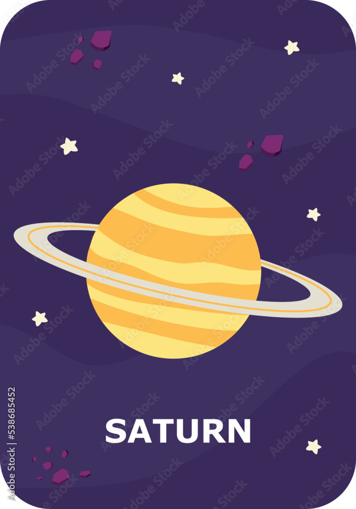 Planet Saturn. Space flashcards for kids. Vector illustrations of solar ...