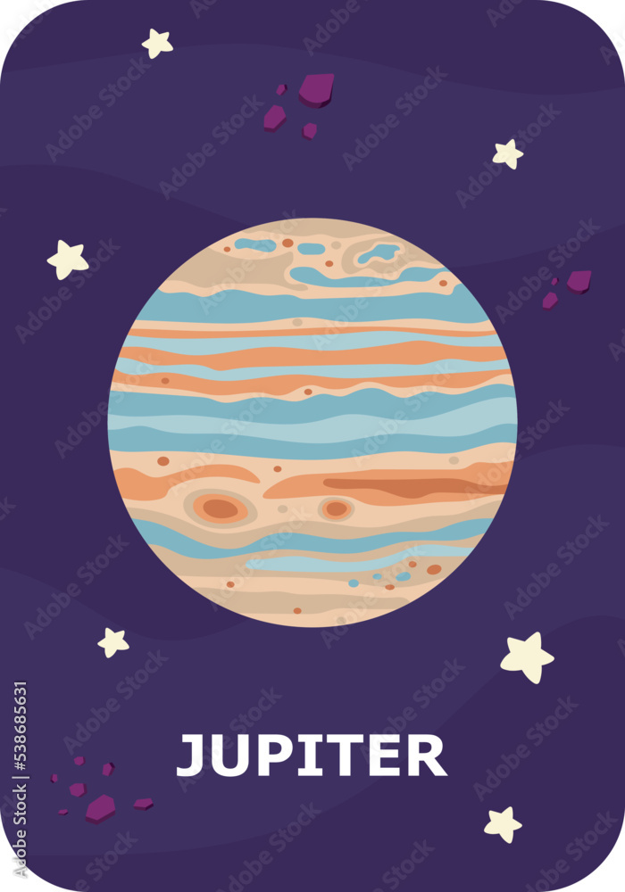 Jupiter. Space flashcards for kids. Vector illustrations of solar ...
