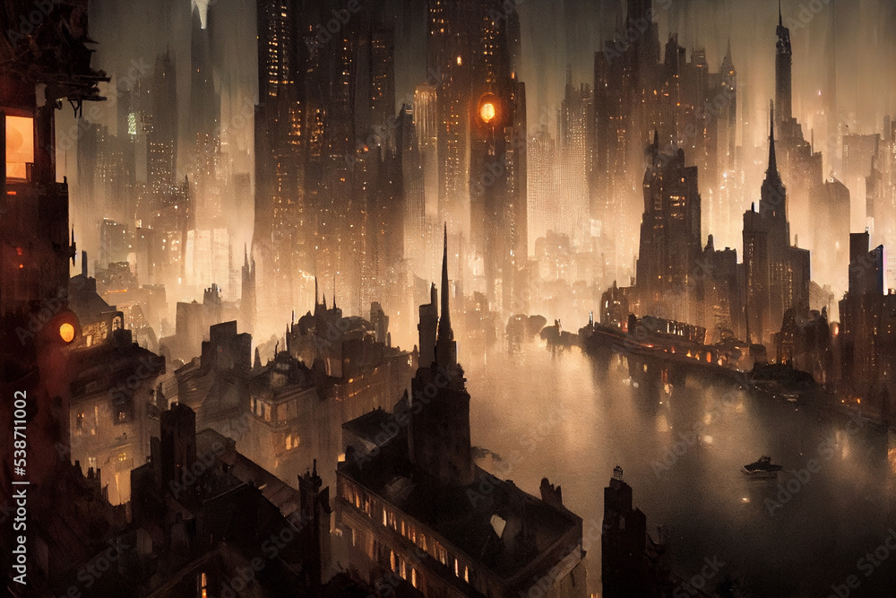 Illustration Stock Concept art illustration of Gotham city at night | Adobe Stock