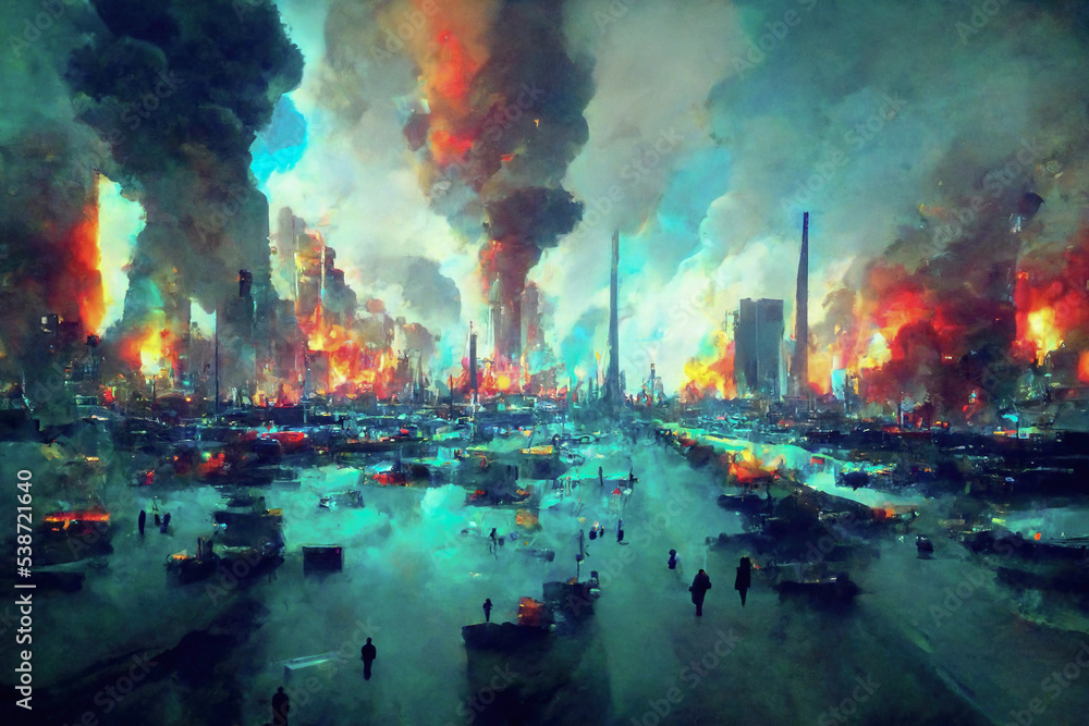 Destroyed buildings of the metropolis stand in smoke, artwork ...