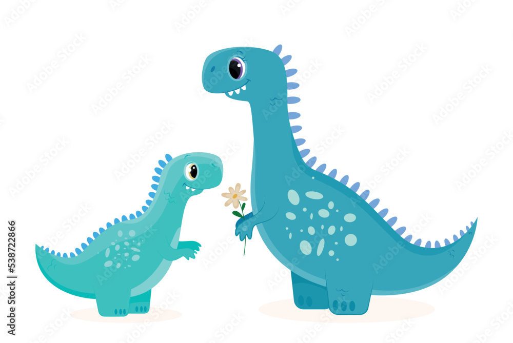 Cute dino mom and baby. Mother gives flower to her son or daughter ...