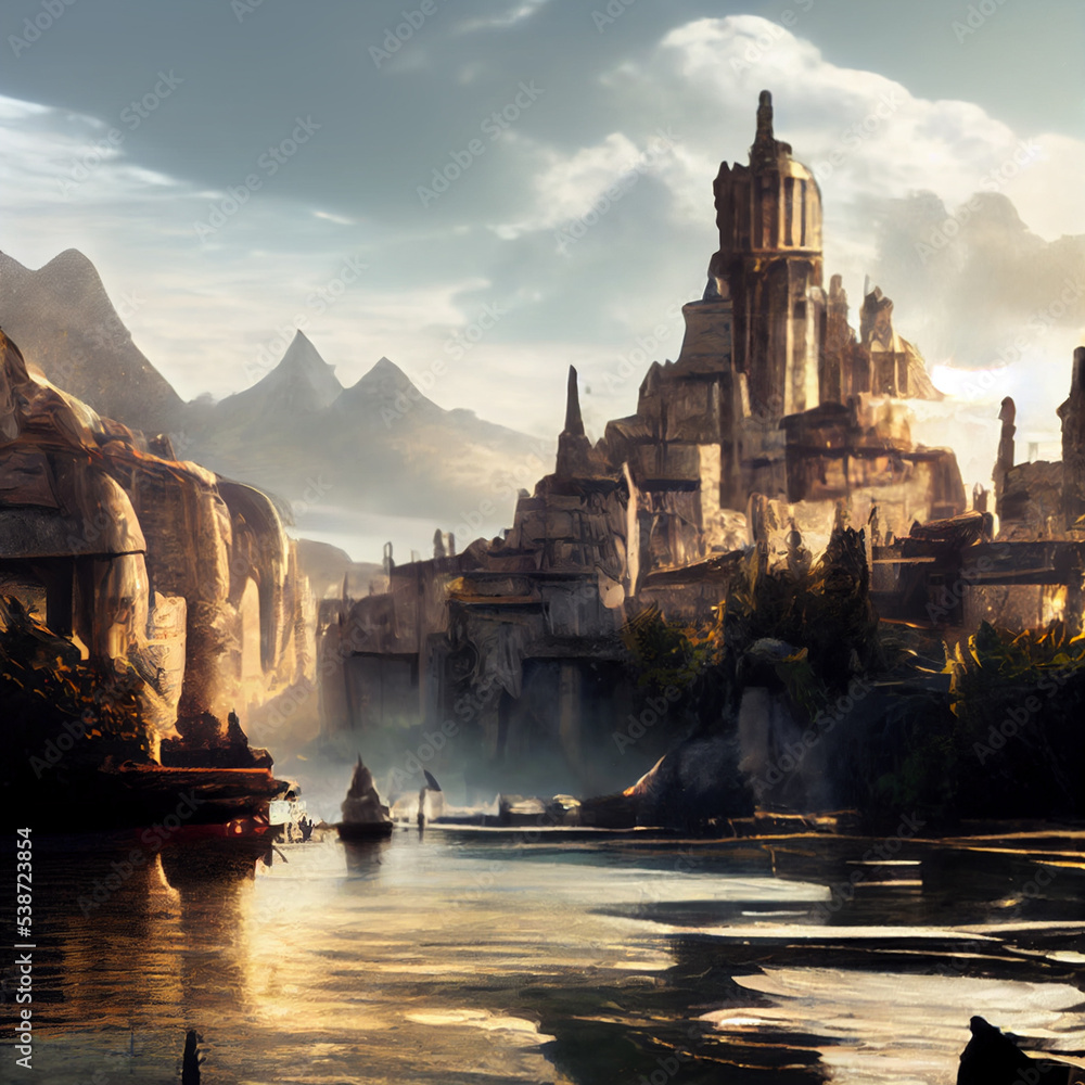 Ilustración de Stock Landscape of the lord of the elves with castle and ...