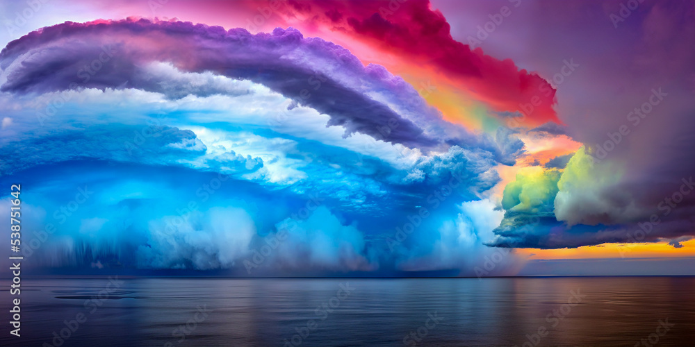 Fantasy cloudscape over water. Dramatic and colorful storm and rain ...