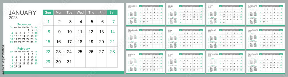 Wall monthly photo calendar 2023 in english. Week starts on Sunday ...