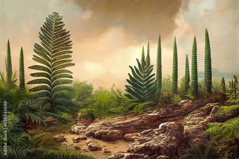 Prehistoric landscape of flora and fauna from jurassic era of the ...