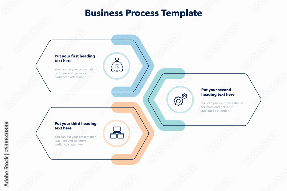 Simple business process template with three colorful stages. Slide for ...
