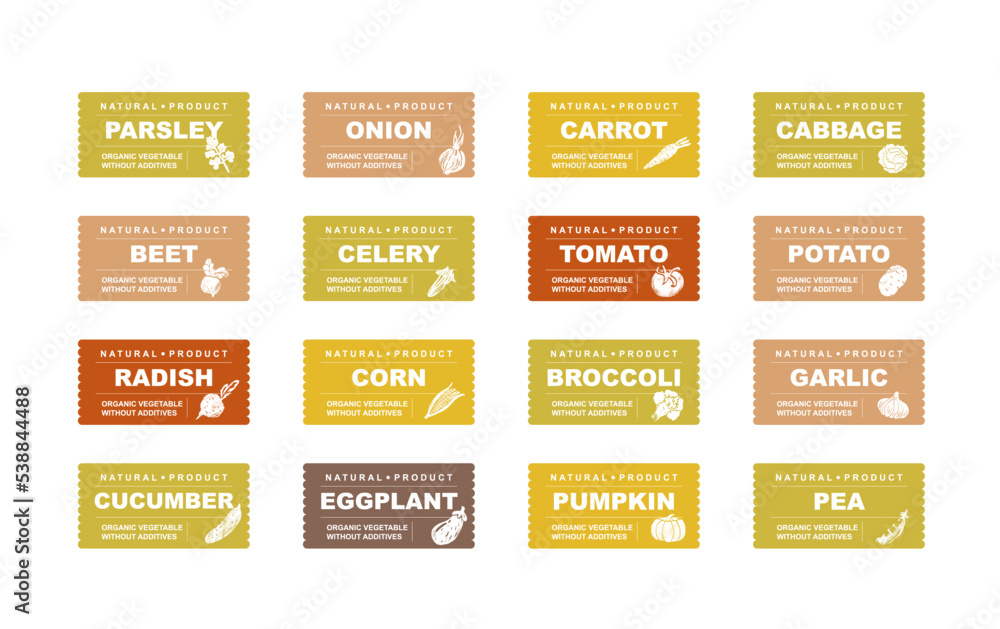 Vegetables, greenery and legumes abstract stickers and labels ...