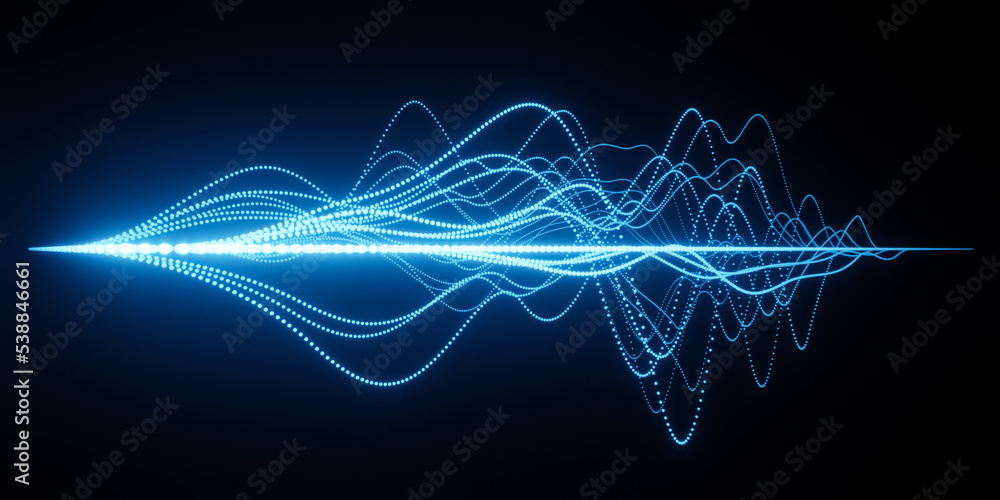 Bright glowing blue neon abstract wireframe sound waves, visualization ...