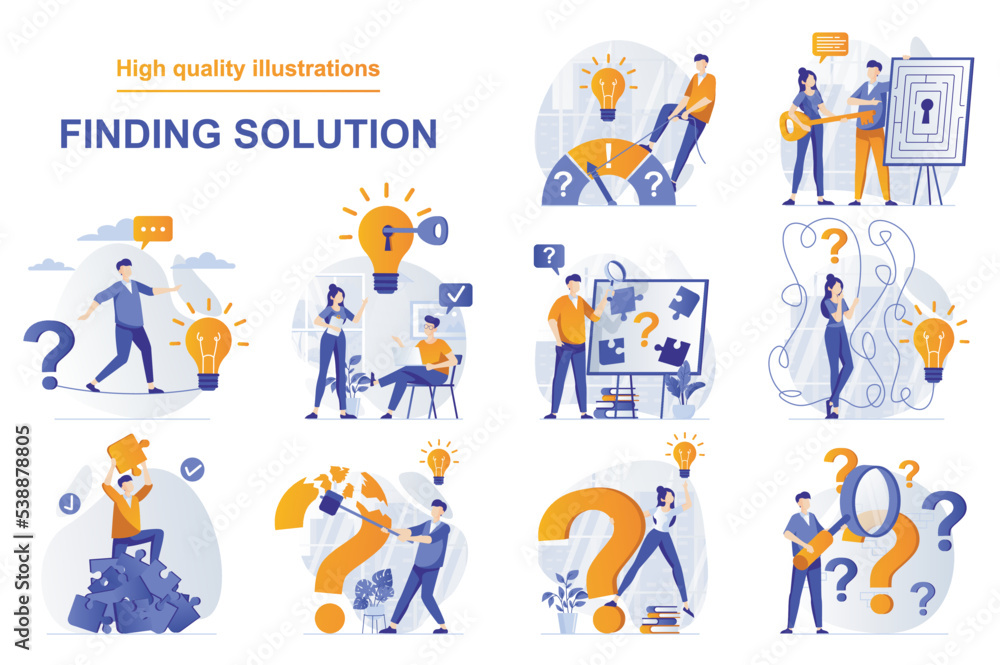 Finding solution web concept with people scenes set in flat style ...