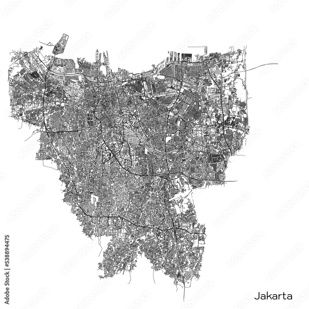 Jakarta city map with roads and streets, Indonesia. Vector outline ...