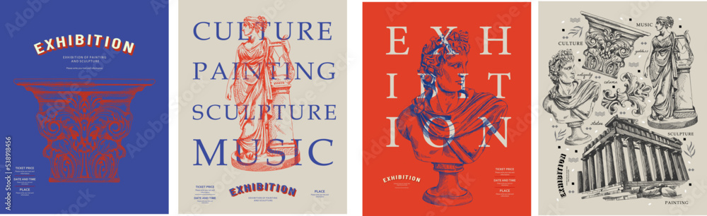 Exhibition, classics and antiquity. Vector illustrations of abstract ...