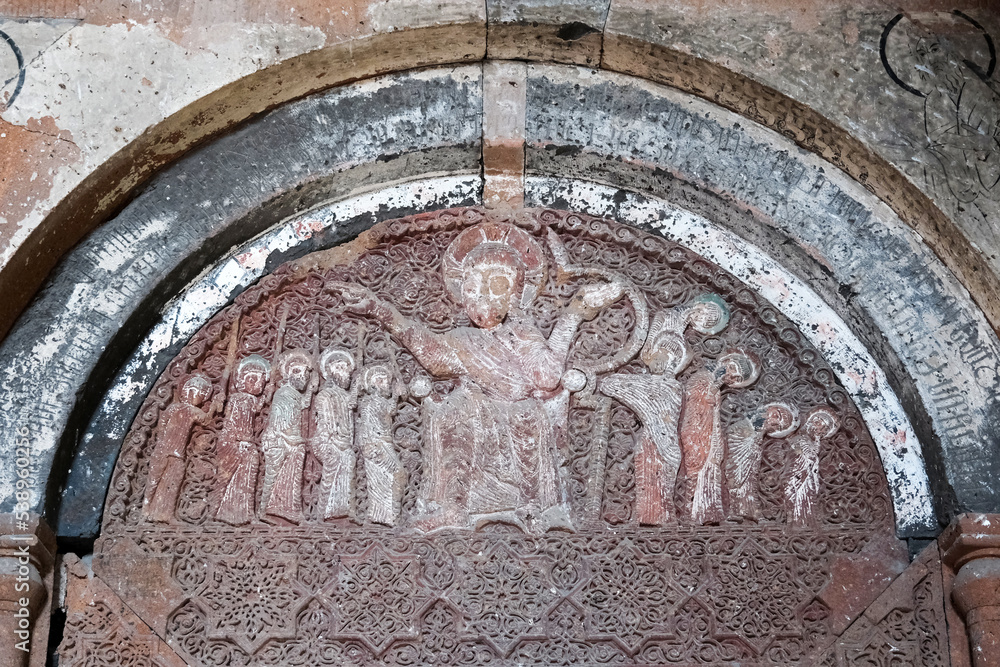 Medieval bas relief with Jesus Christ and wise and unwise maidens in ...