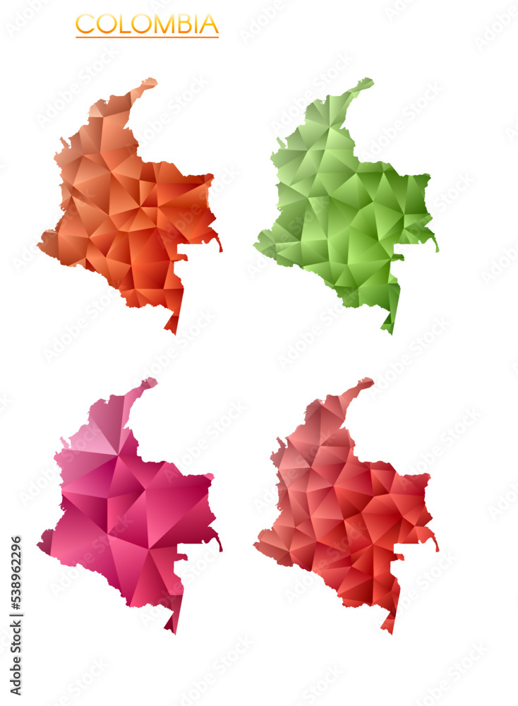 Set of vector polygonal maps of Colombia. Bright gradient map of ...