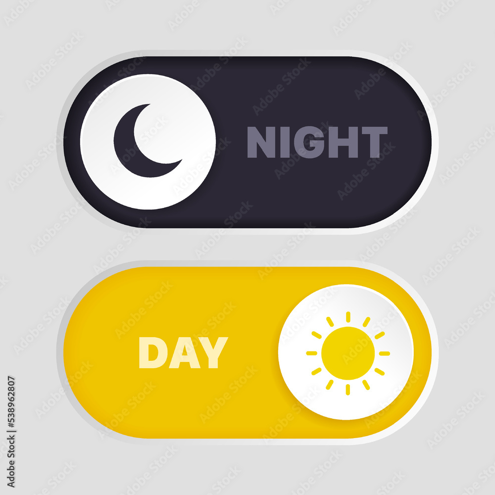 On and off toggle switch buttons. Light and Dark mode buttons. Day and night mode switch buttons ...