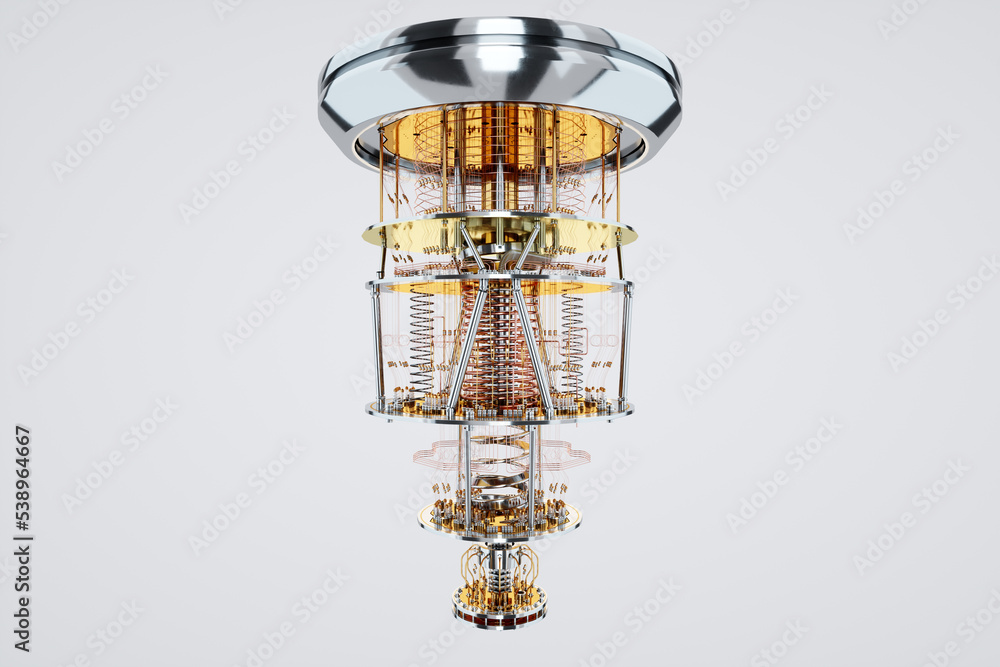 Quantum computer, gold silver mechanism isolated on white background ...