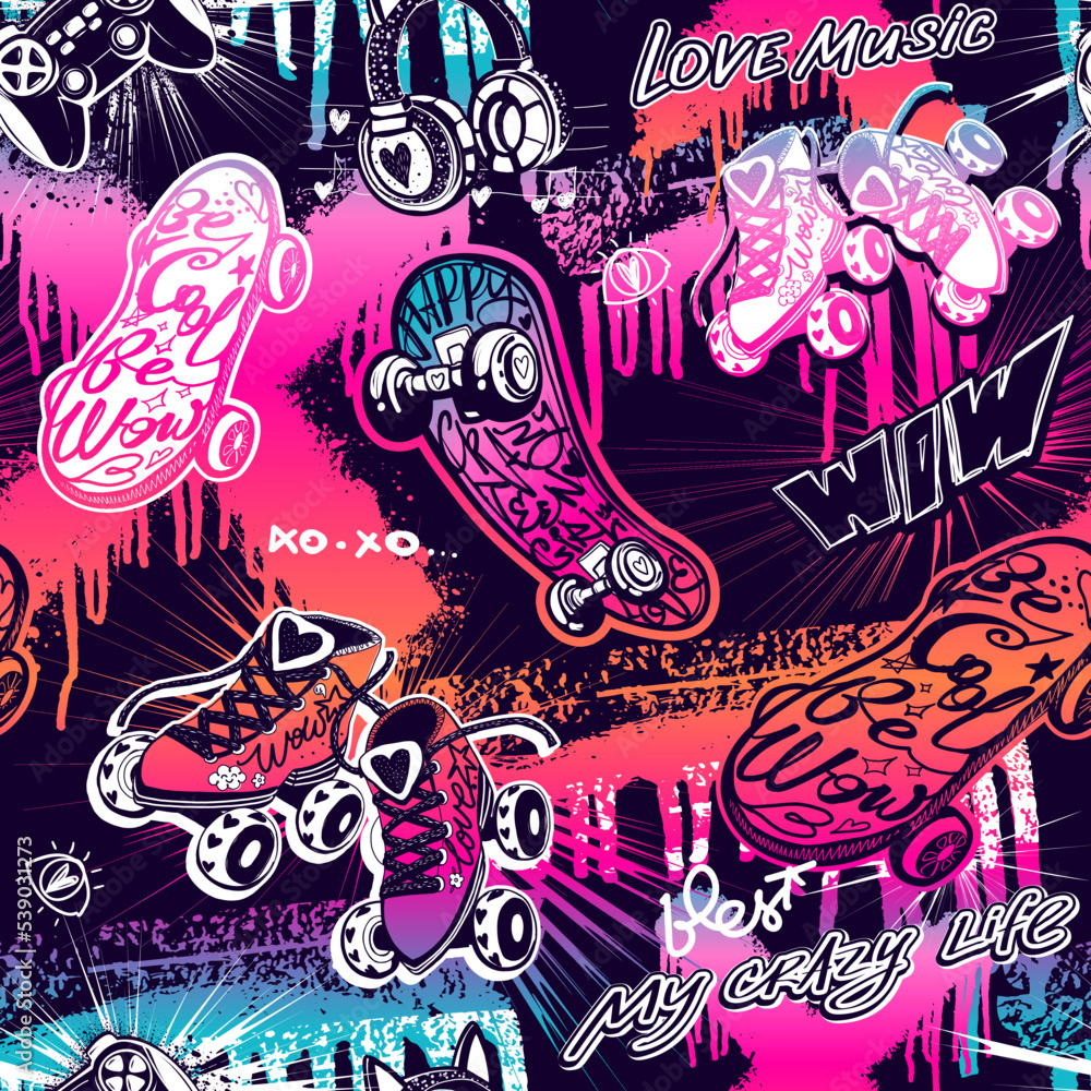 Abstract seamless girlish pattern with skateboards, roller skates ...