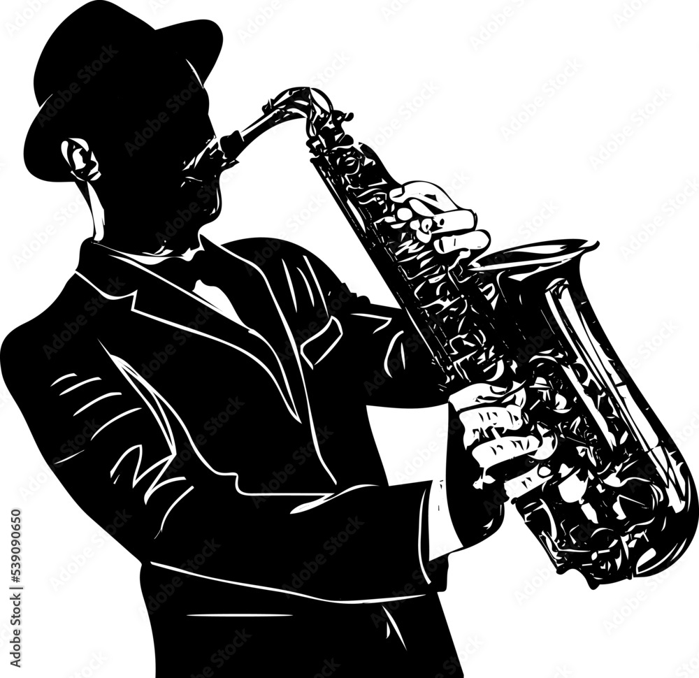 Vector illustration of a man holding a saxophone, a musician playing a ...