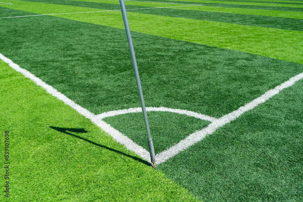 Field markings with corner flag and touchline on the football field ...