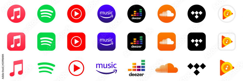 Vector de Stock Apple music, Spotify, Youtube music, Deezer, Soundcloud ...