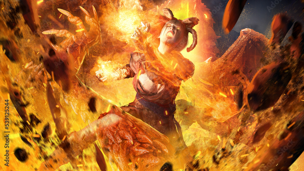 Sinister demoness screams furiously calling the spirit of fire, forming ...