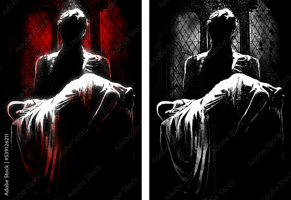 A black blob silhouette of a vampire holding his beloved mortally ...