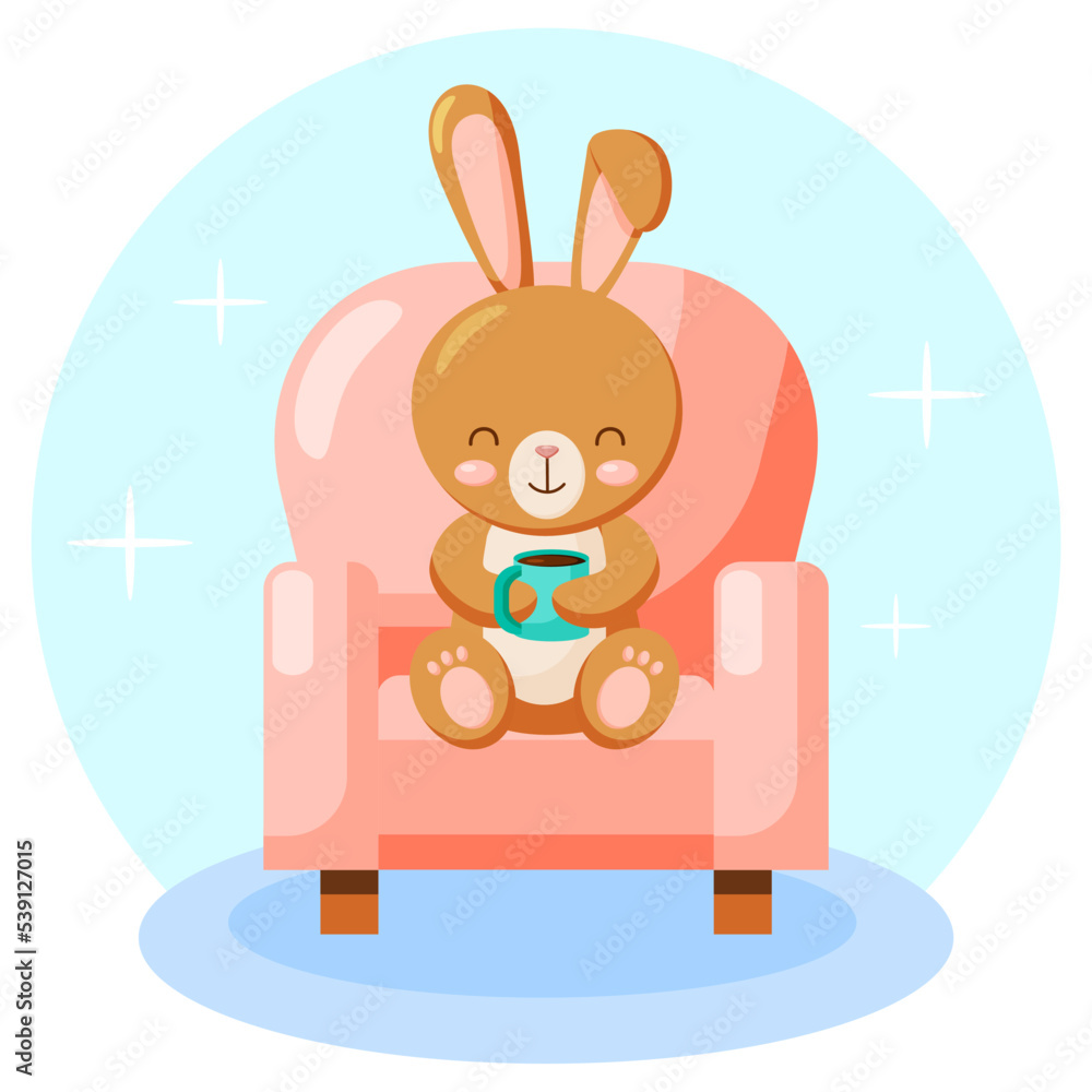 Cute bunny character seating in the armchair with cocoa vector ...