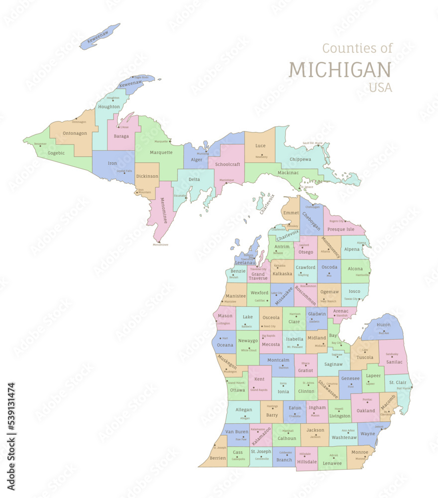 Counties of Michigan, administrative map of USA federal state. Highly ...