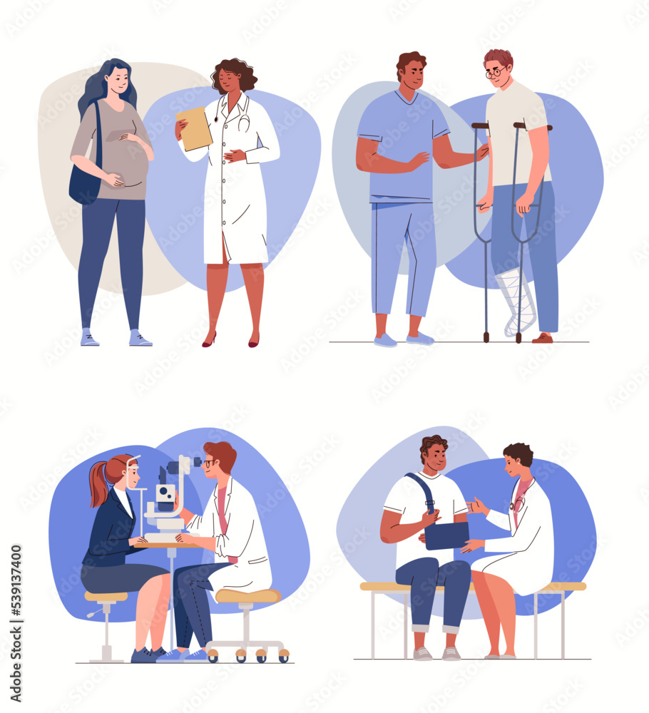 Set of doctors and patients. Consultation, diagnostics, treatment of ...