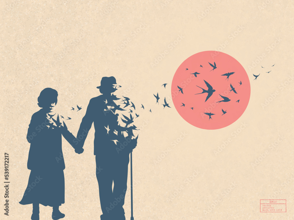 Old people silhouette. Death and afterlife. Flying birds and red sun ...