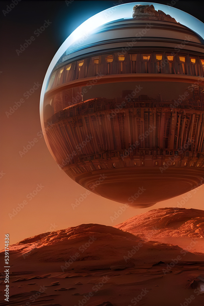 Stock-Illustration „flying metropolis on mars under a shining glass ...