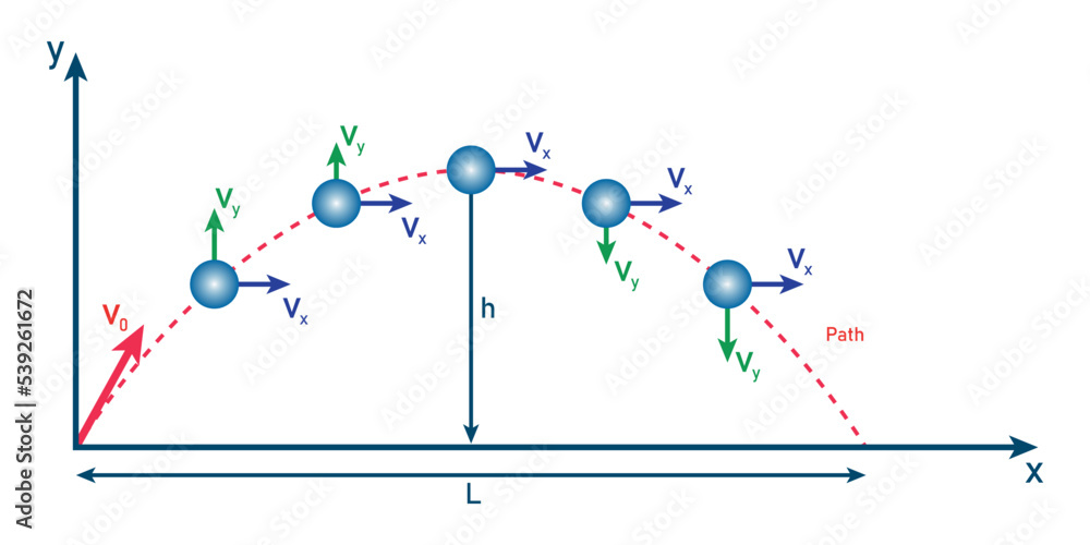 projectile motion diagram in physics. Parabolic curve. Scientific ...