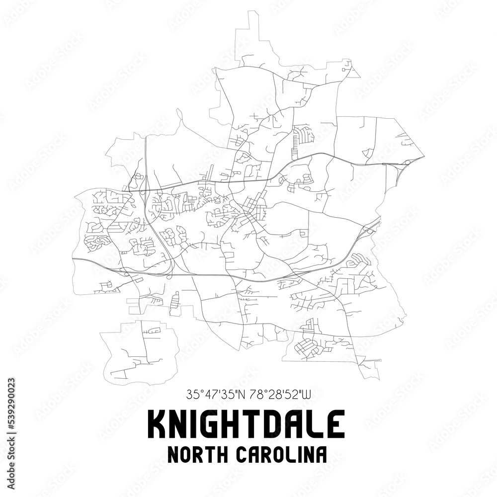 Knightdale North Carolina. US street map with black and white lines ...