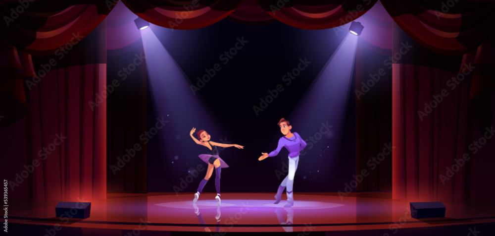 Stock-Vektorgrafik „Ballet dancers couple dance on theater stage with ...