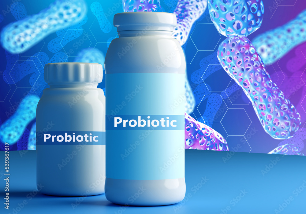 Probiotics on blue table. Probiotic products on microbiome background ...