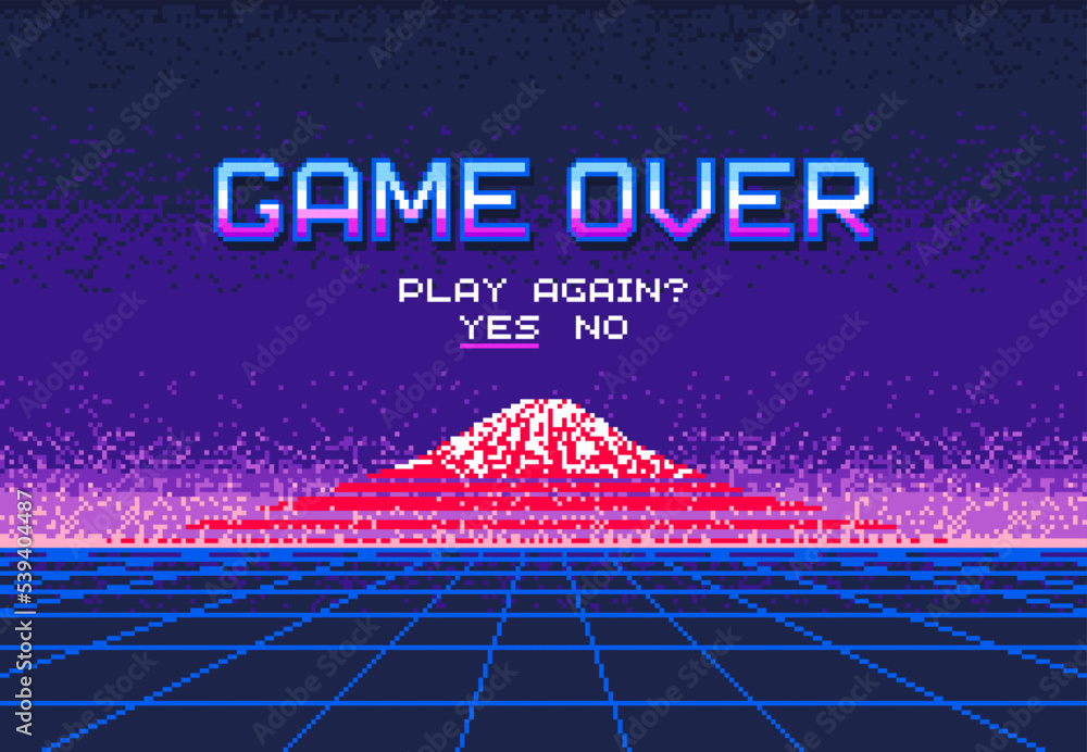 Pixel art video game over screen. Mount Fujiyama. Play again question ...