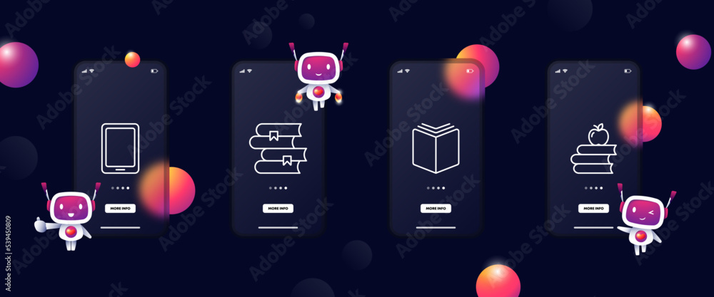 Books set icon. Knowledge, stack, apple, bookmark, textbook, read ...