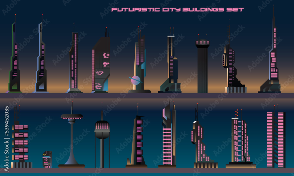 sci fi flat style futuristic buildings set, cyberpunk architecture ...