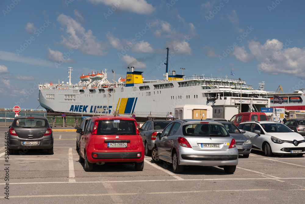 Port of Heraklion, Crete, Greece. 2022. Parked cars and an inter island ...