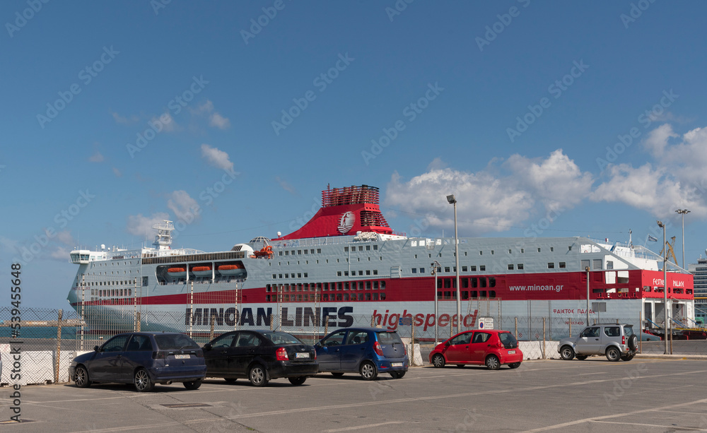 Port of Heraklion, Crete, Greece. 2022. Parked cars and an inter island ...