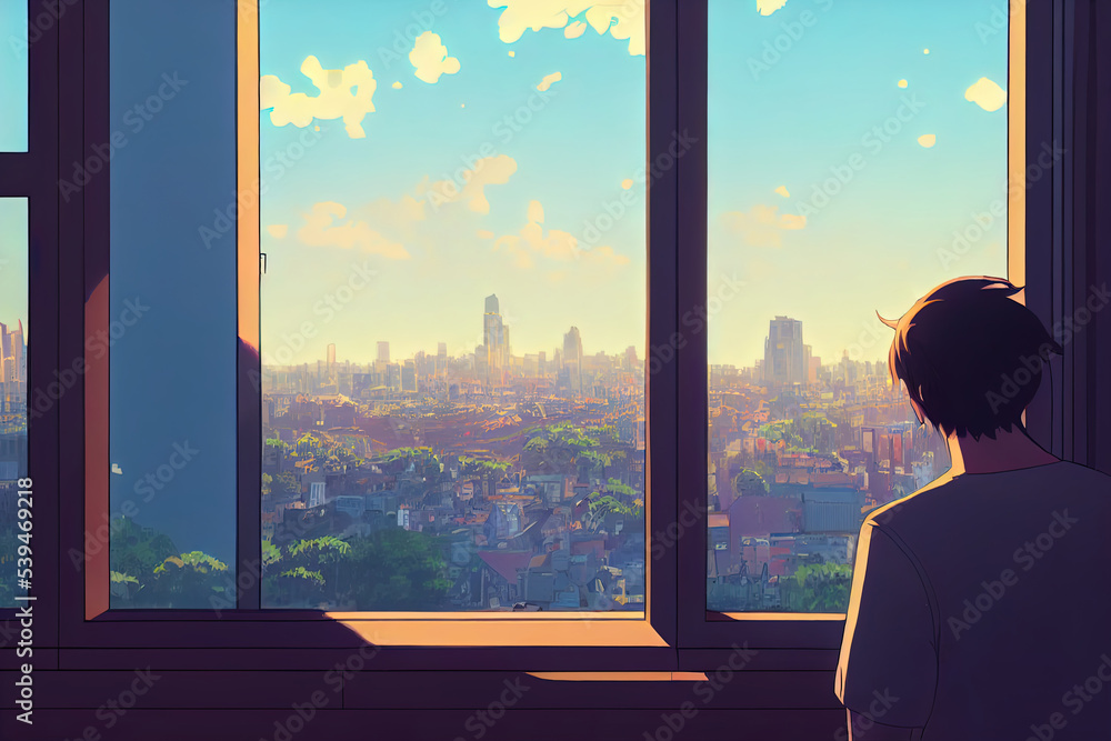 Anime man looking at the city from the window. Manga cartoon drawing of ...