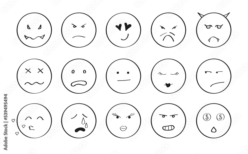 Emoticon faces icon set vector in doodle style. Simple Emoji pictograms ...
