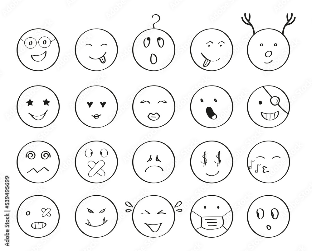 Emoticon faces icon set vector in doodle style. Simple Emoji pictograms ...