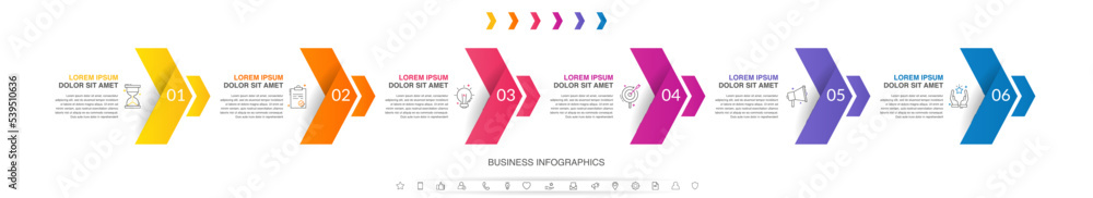 Vector timeline infographics with six steps, icons, flowchart, workflow ...