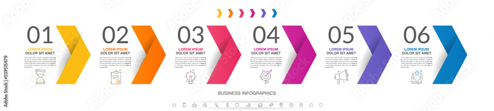 Vector timeline infographics with six steps, icons, flowchart, workflow ...
