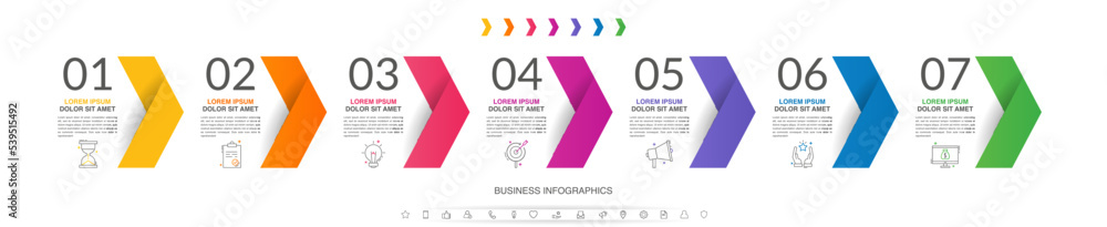 Vector timeline infographics with 7 steps, icons, flowchart, workflow ...
