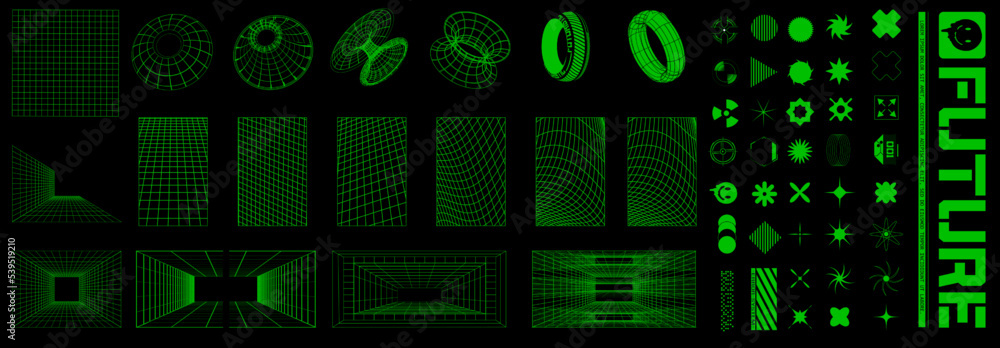Set of retro futuristic design elements, perspective grids, tunnel. Cyberpunk retro futurism set ...