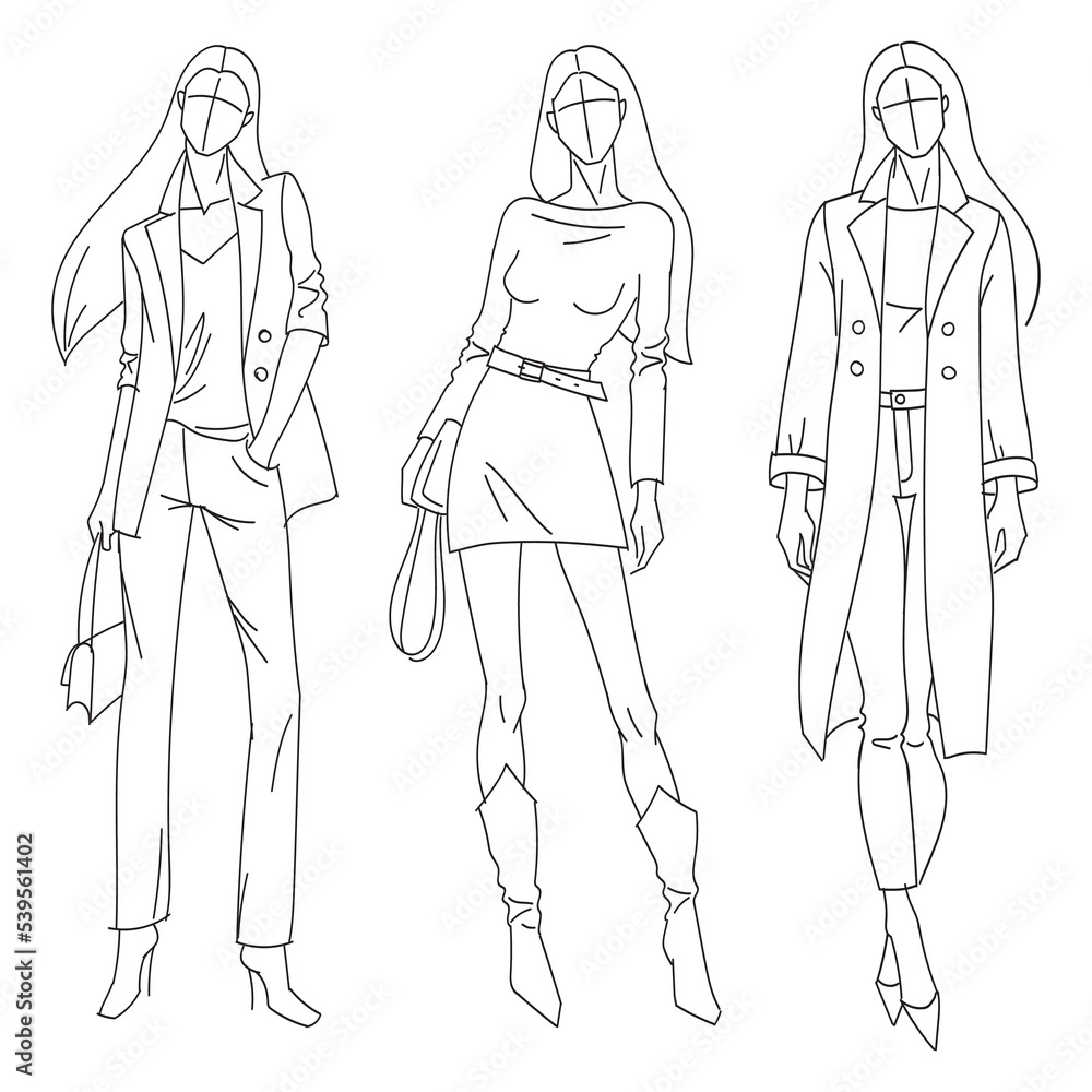 Woman fashion sketch. Vector line illustration of fashion models. Stock ...